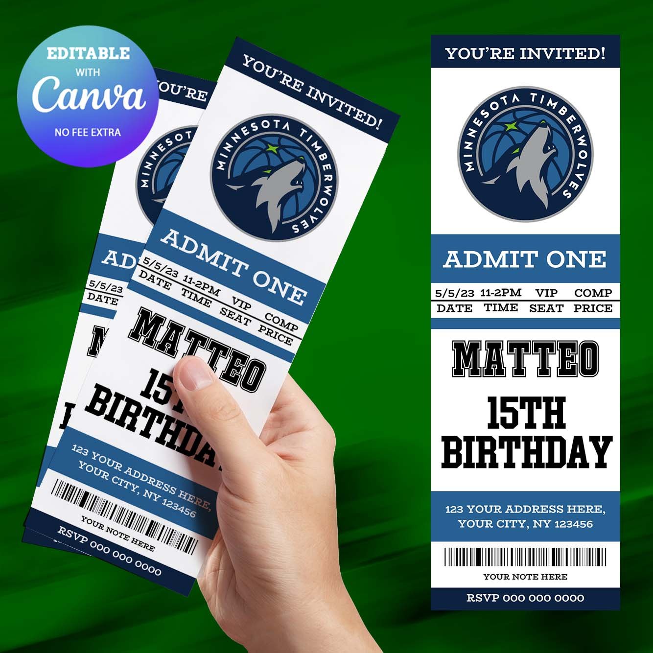 Minnesota Timberwolves Birthday Invitation, Basketball Ticket Birthday ...