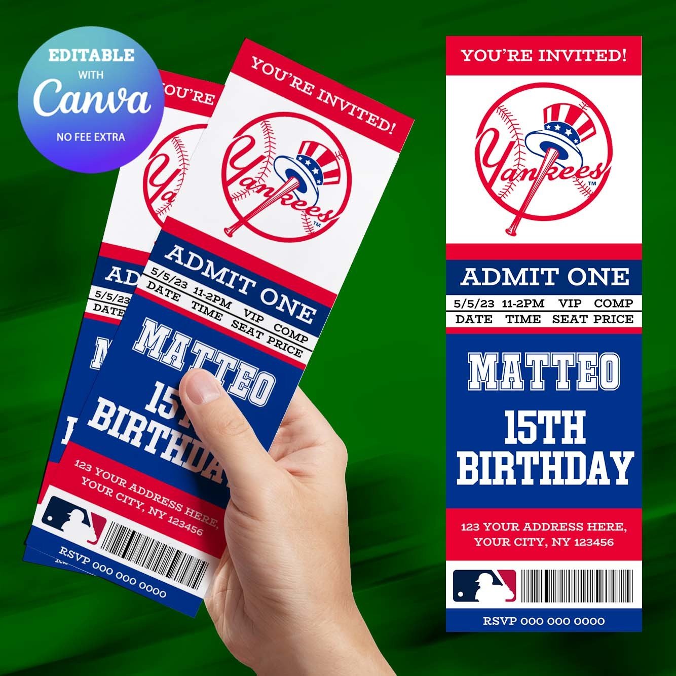 New York Yankees Birthday Ticket Invitation Canva Editable and Printable