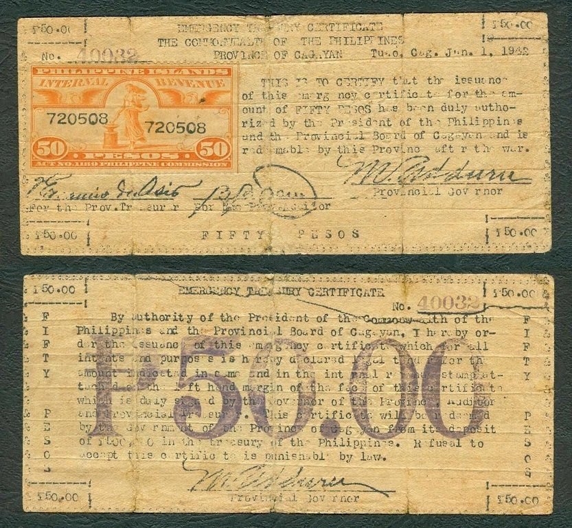 Philippine 50 Pesos WW2 Guerrilla Emergency Banknote - CAGAYAN w ...