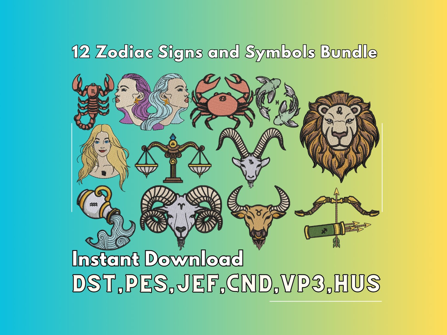 Stitch Your Destiny: 12 Zodiac Signs and Symbols Embroidery Design Pack!