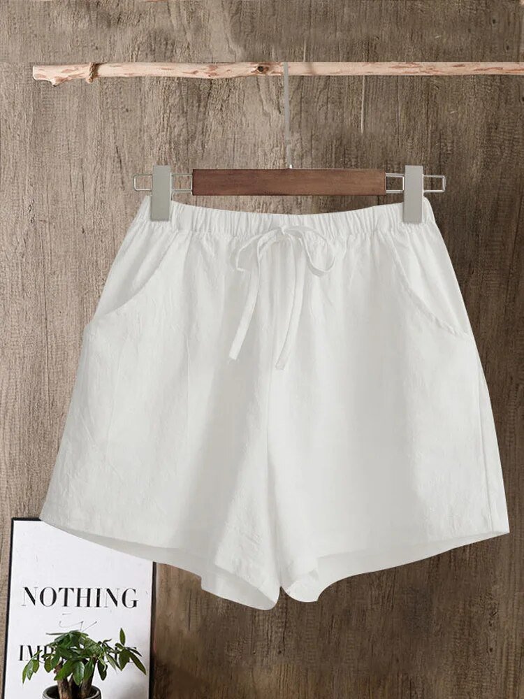 Women's Linen Plus Size High Waist Shorts Fashion Short White
