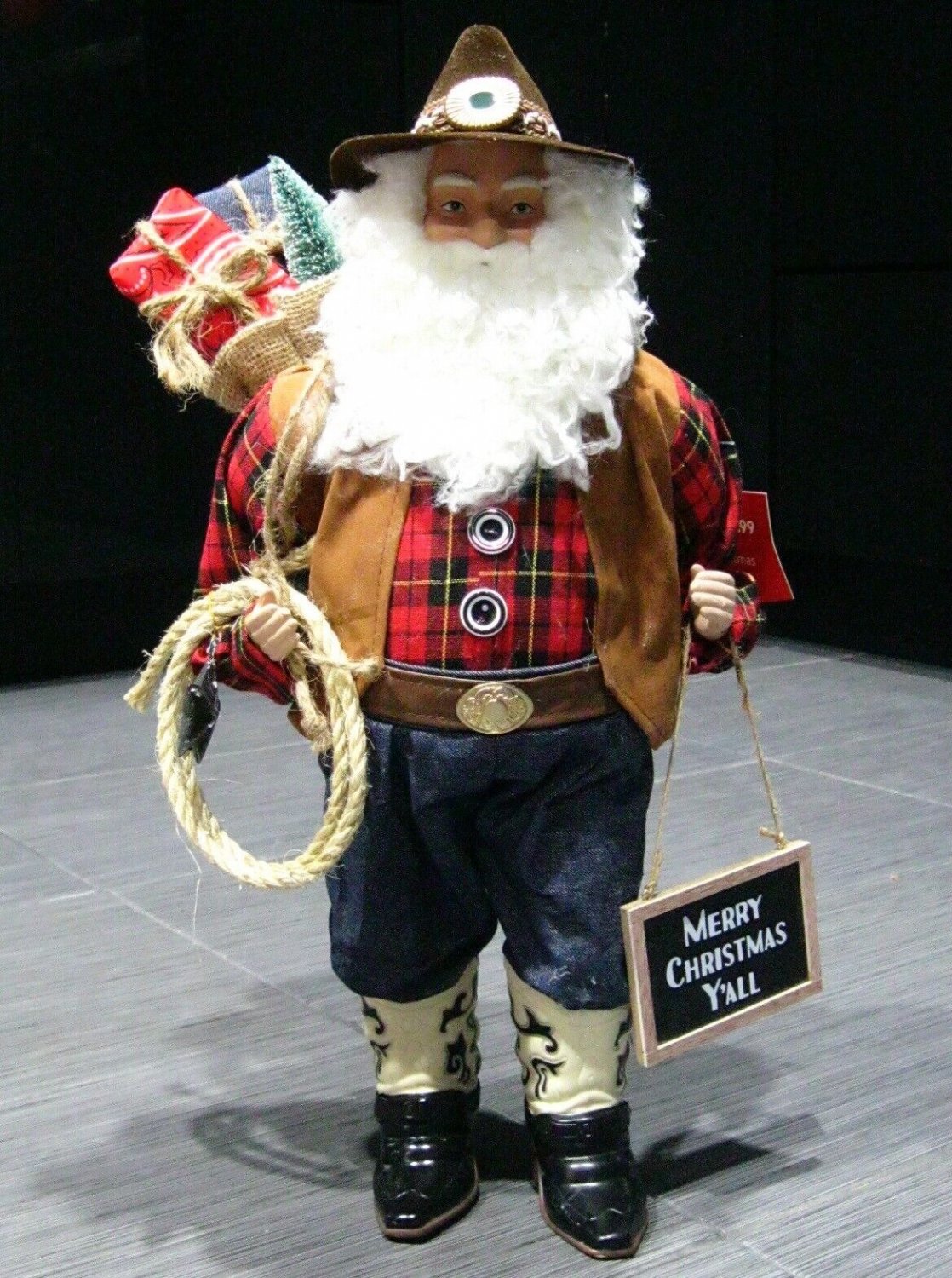 COWBOY WESTERN Country Rancher SANTA CLAUS MERRY CHRISTMAS Y'ALL 18" NEW