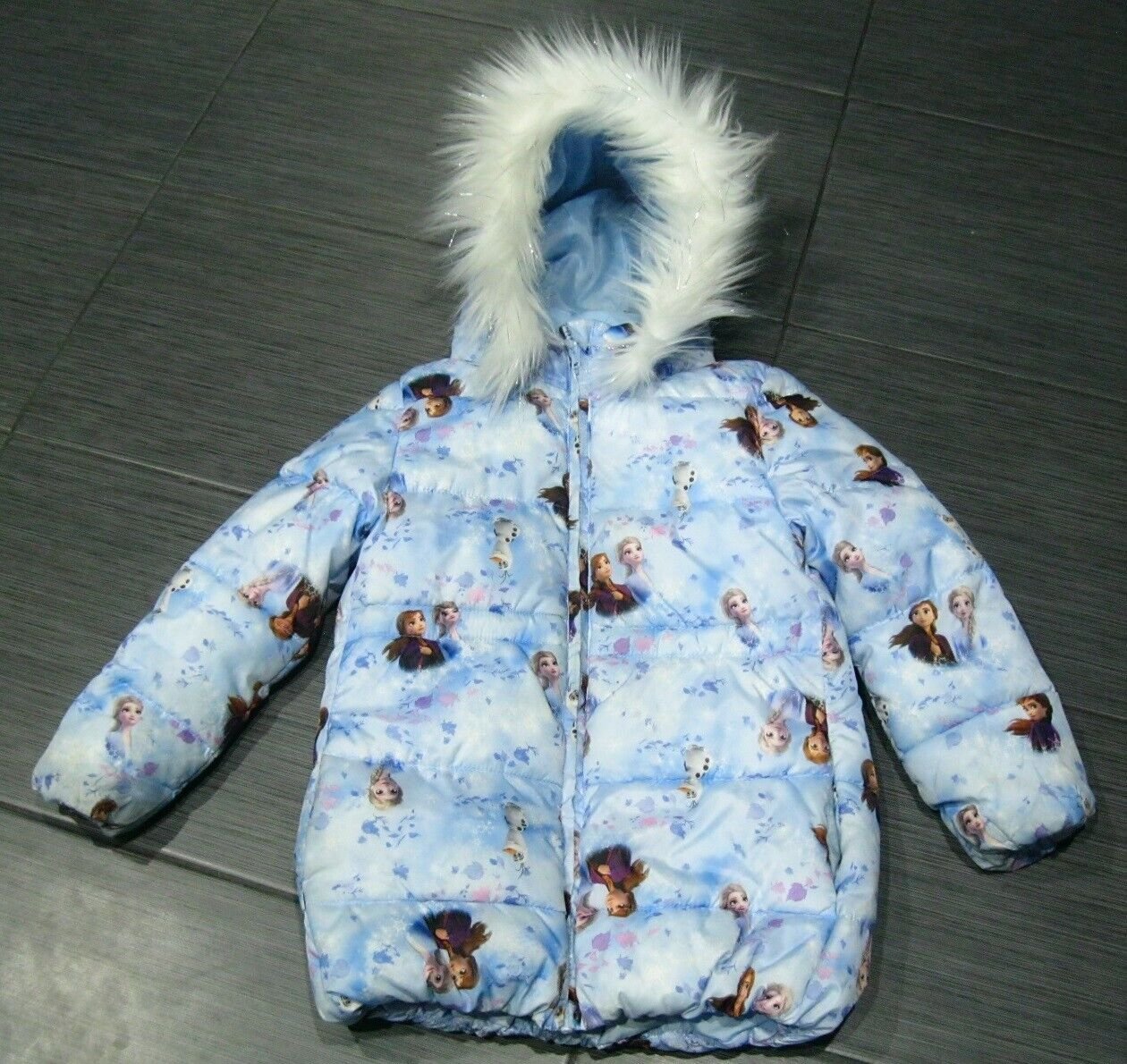 H&M Disney FROZEN Girls WINTER Zip Up Puffer Jacket Coat Faux Fur Hood ...