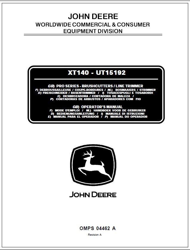 John Deere XT140 String Trimmer (UT15192) Operator's Manual OMPS04462