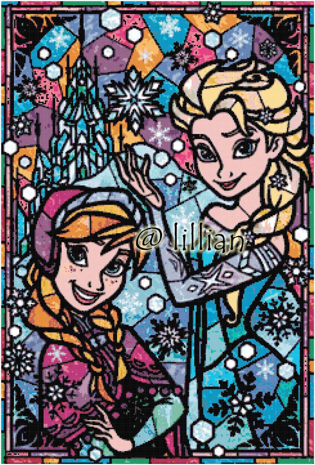 new Stained Glass Art FROZEN ELSA ANNA Counted Cross Stitch PATTERN
