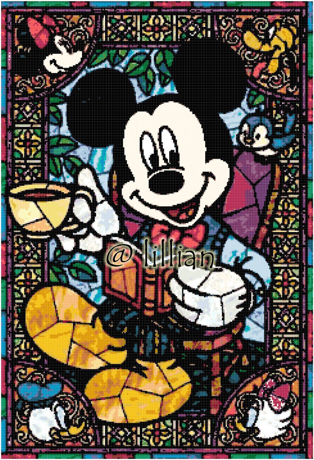 new Stained Glass Art MICKEY MOUSE RELAXING Counted Cross Stitch PATTERN