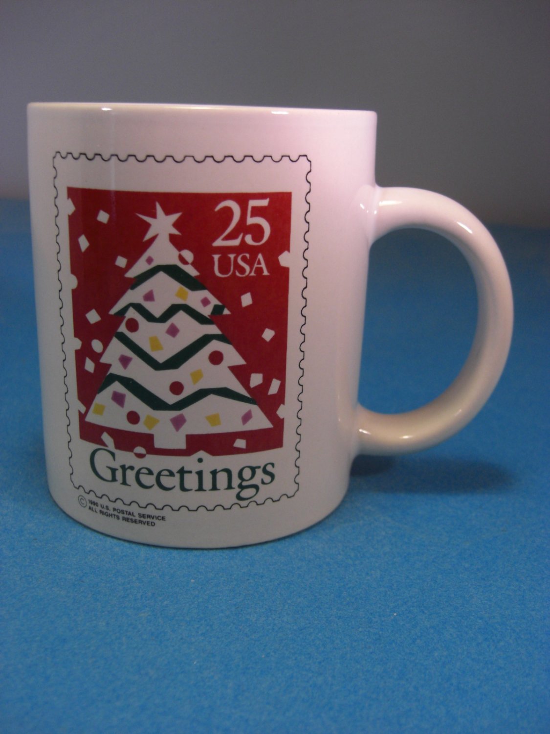 1990 USPS Postage Stamp Coffee Mug Christmas Holiday Greetings