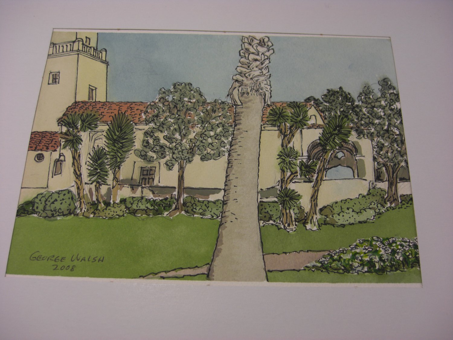 Junipero Serra Building Signed 2008 Watercolor Painting by George Walsh