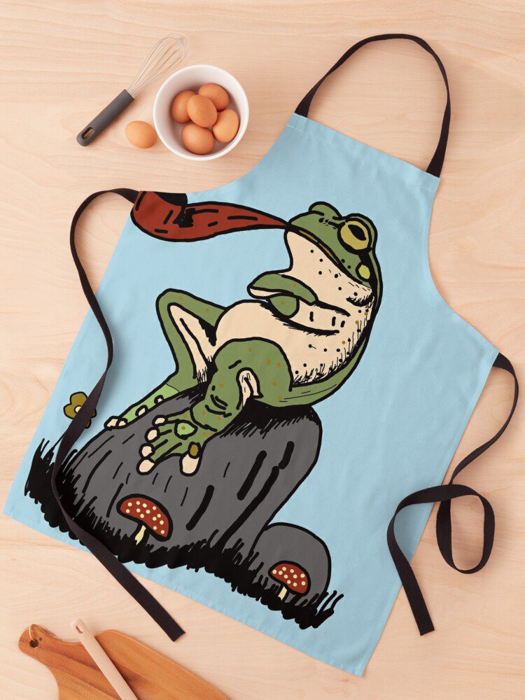 FROG aesthetic cartoony frog smoking pipe Apron