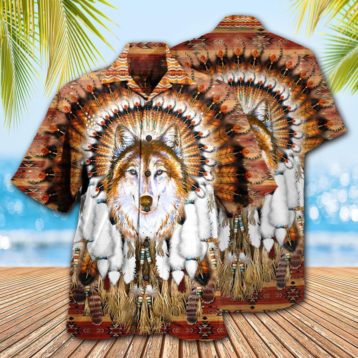 2024 summer Native American Wolf Feather Headdress Cool - Hawaiian Shirt