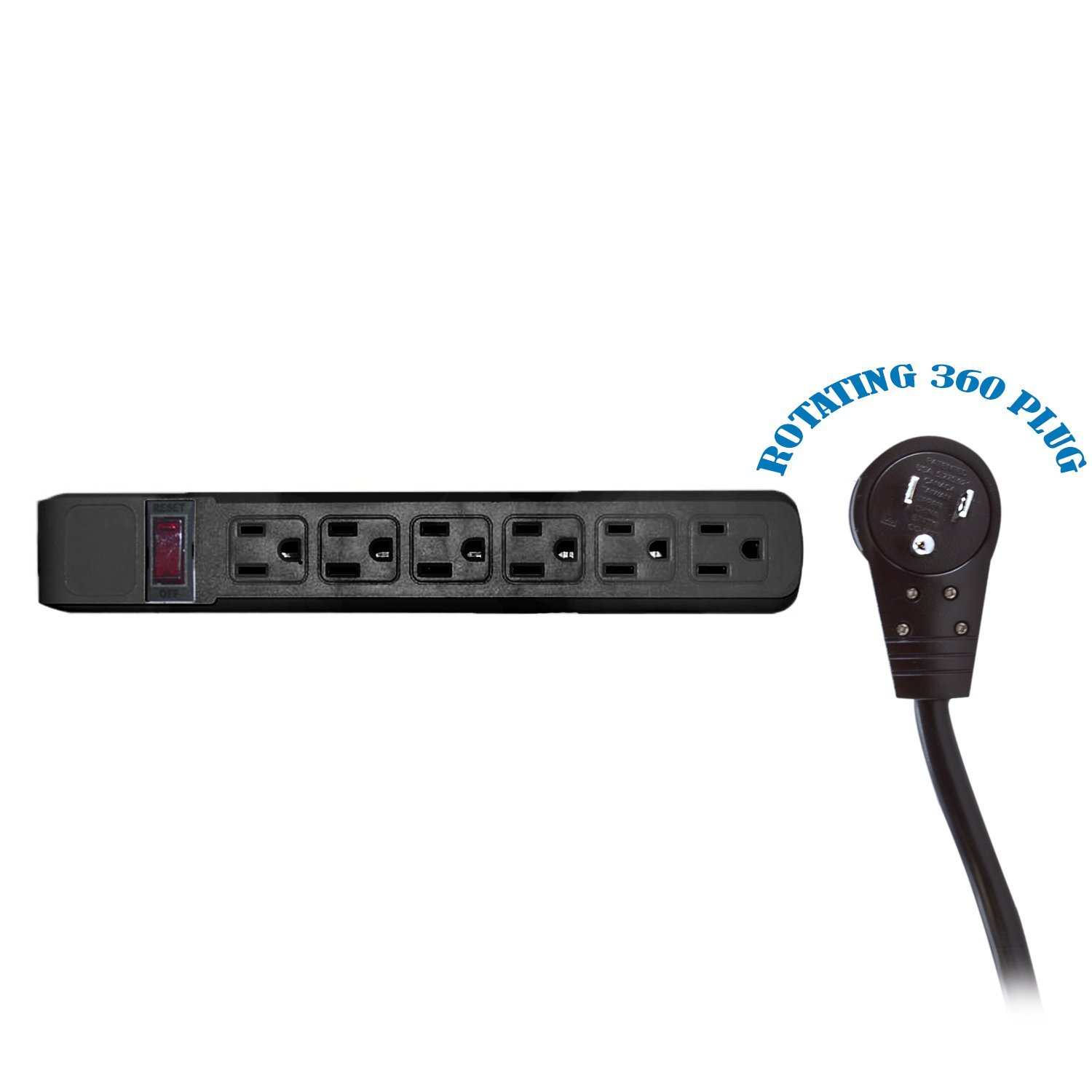 6FT Surge Protector, Flat Rotating Plug, 6 Outlet, Black Horizontal ...
