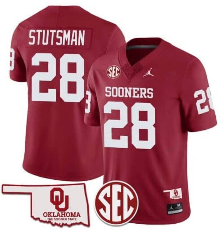 Men's Oklahoma Sooners Danny Stutsman Red 2024 SEC Patch Stitched Jersey
