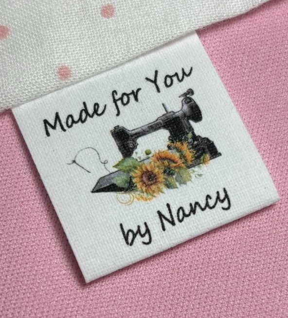 Custom loop fold tag with sewing machine