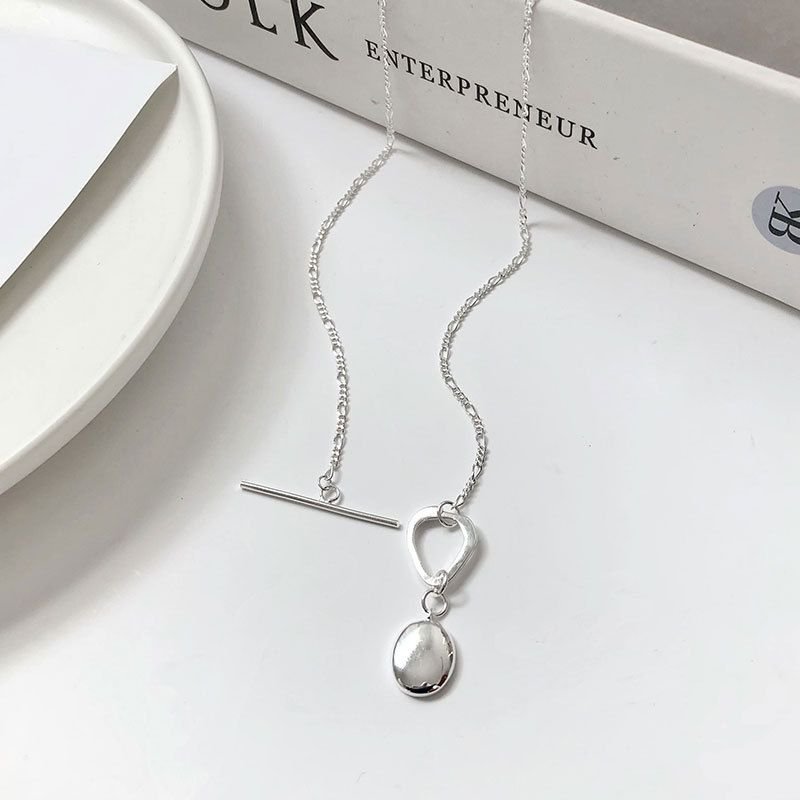 Modern Hollow Heart OT Shape Ellipse 925 Sterling Silver Necklace