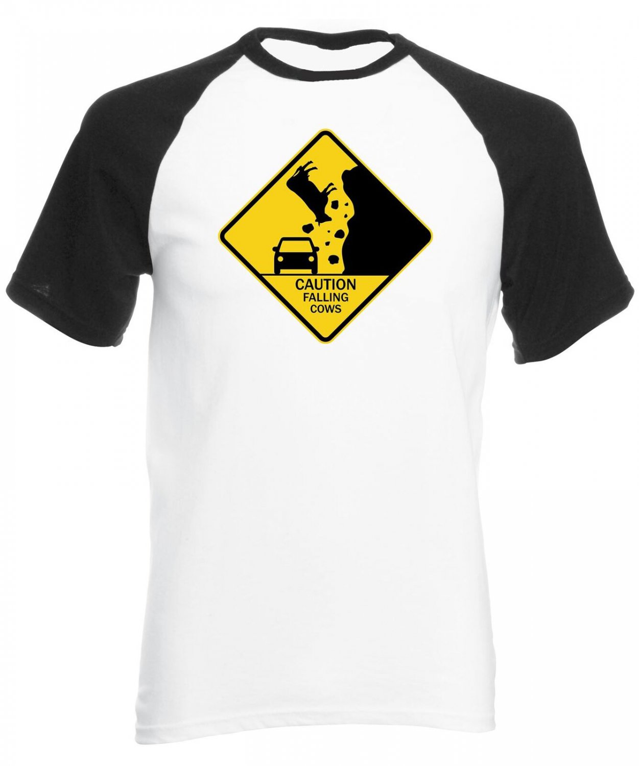 Caution Falling Cows Mens Baseball Shirt Joke Animals Traffic Sign Funny