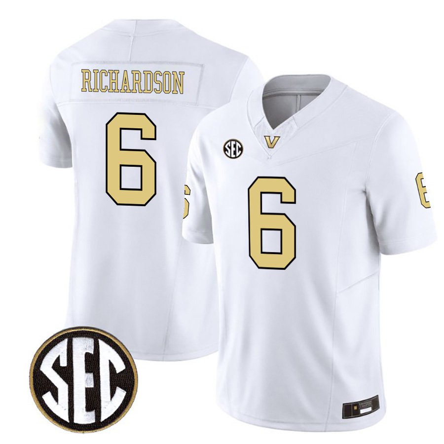 Men's & Youth Vanderbilt Commodores #6 Tre Richardson White Stitched Jersey