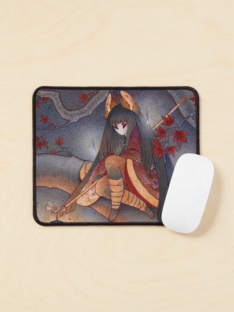 Mousepads Japanese Maple Kitsune with Lantern