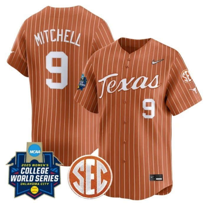 Joley Mitchell #9 Texas Longhorns 2025 World Series SEC Patch Orange Stripe