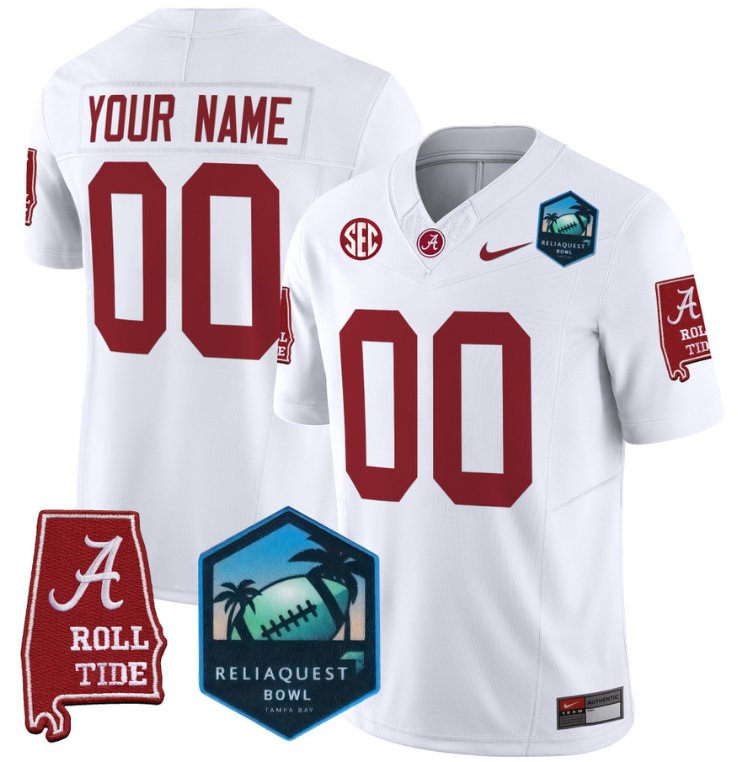 Custom Alabama Crimson Tide Jersey 2025 ReliaQuest Bowl Patch White