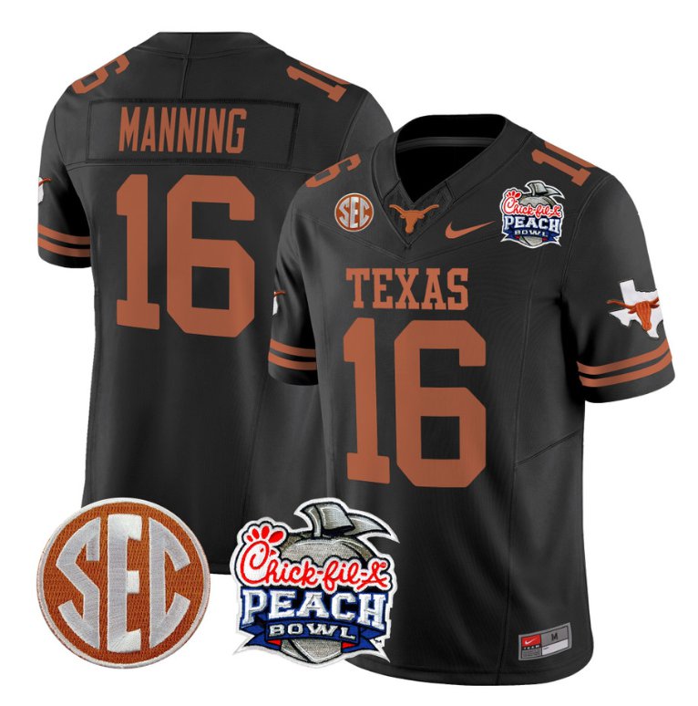 Arch Manning Jersey #16 Texas Longhorns Peach Bowl Patch Vapor Black