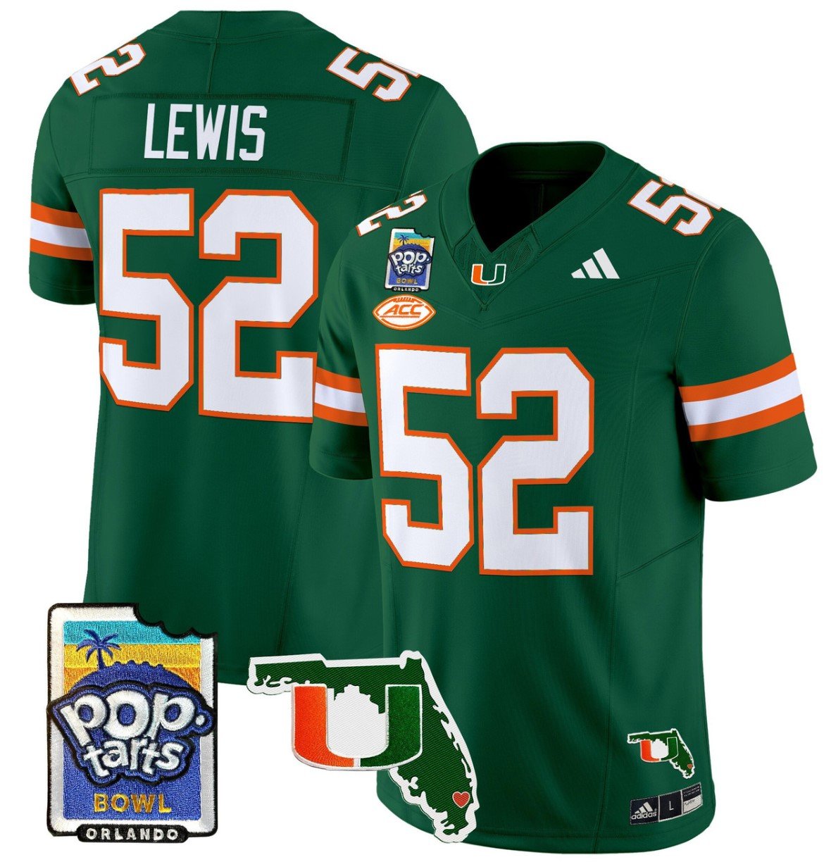Ray Lewis Jersey #52 Miami Hurricanes 2025 PopTarts Bowl Patch Green