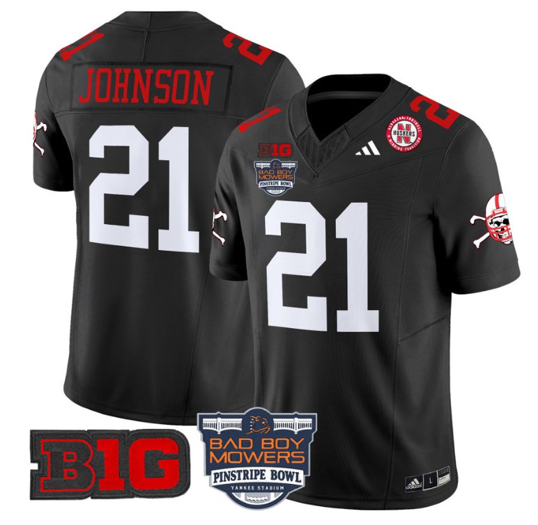 Emmett Johnson Jersey #21 Nebraska Cornhuskers 2025 Pinstripe Bowl Black