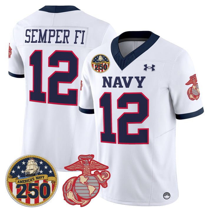 Semper Fi Jersey #12 Navy Midshipmen USMC 250th Patch Stitched White