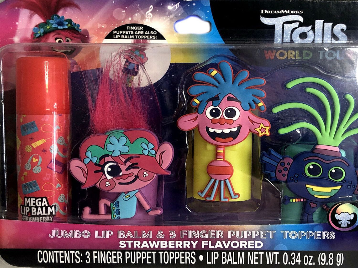 Dreamworks Trolls World Tour Jumbo Lip Balm 3 Finger Puppet Toppers ...