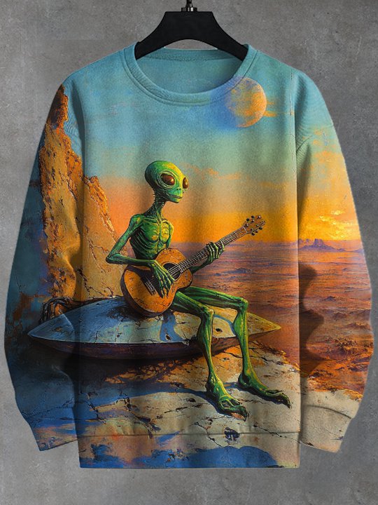 Men's Alien Playing Guitar Sci-Fi Art Print Casual Sweatshirt