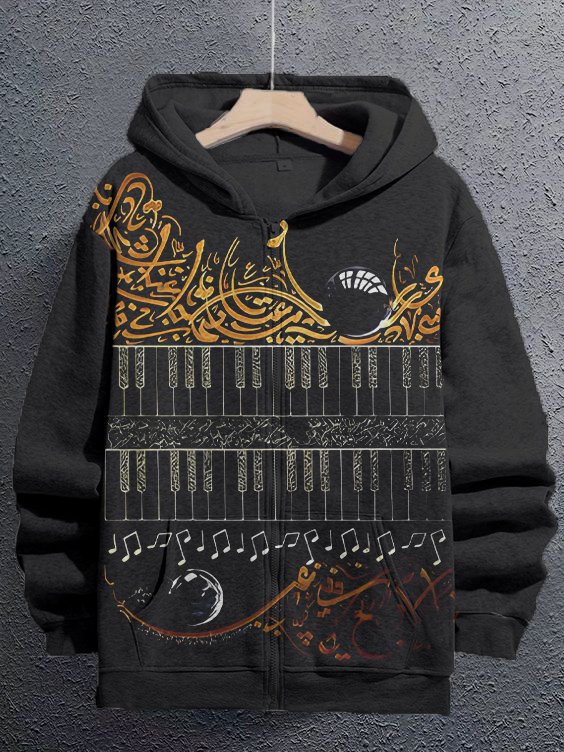 Men's Calligraphy Art Musical Note Piano Key Print Casual Hooded Zip Up ...