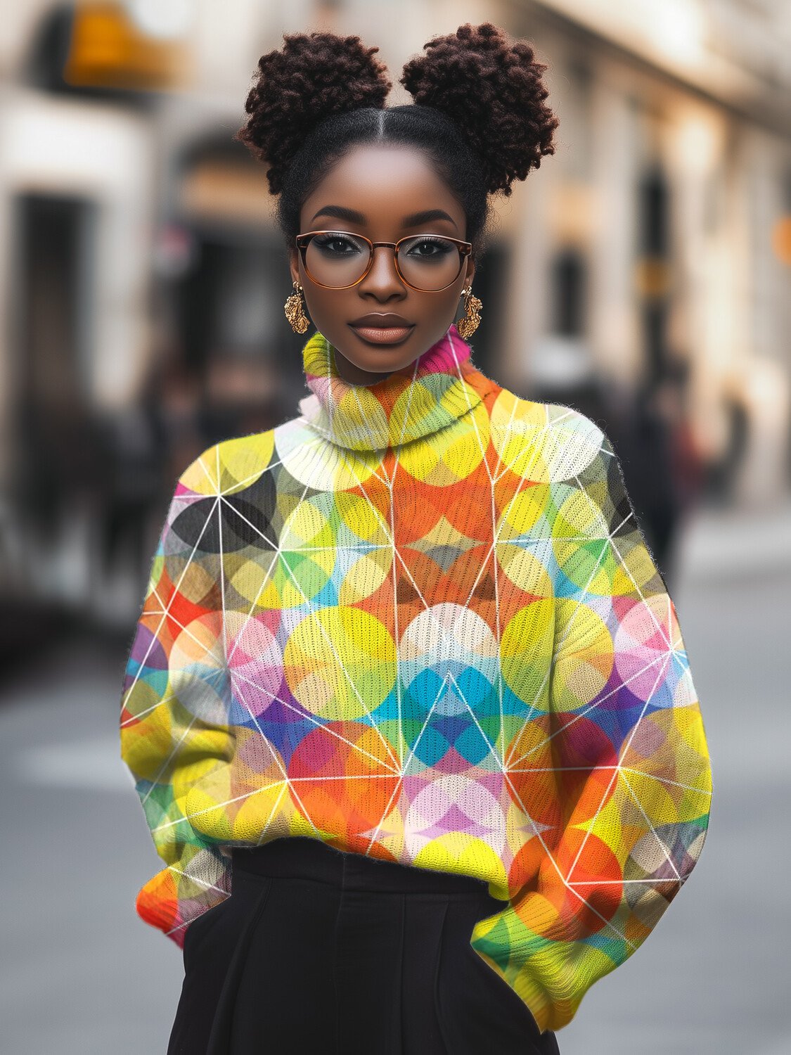 Women's Colorblock Geometric Art Print High Neck Knit Sweatshirt