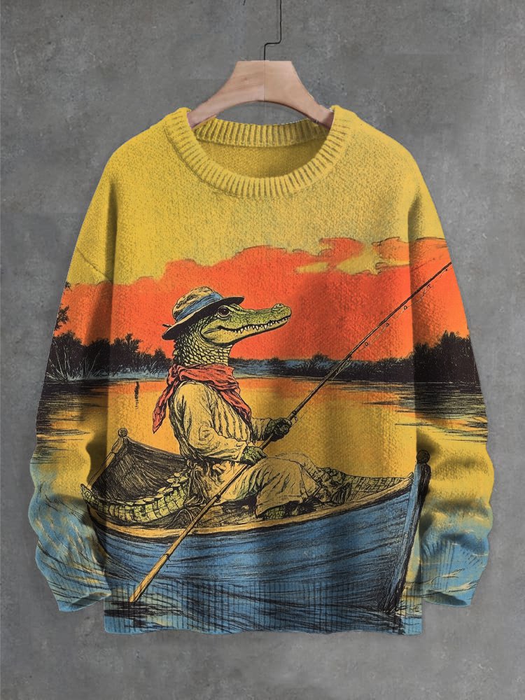 Men's Crocodile Fishing Art Print Knit Sweatshirt