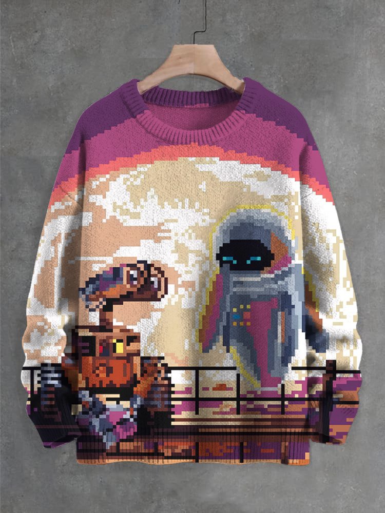 Men's Fun Robot Pixel Art Print Knit Sweatshirt