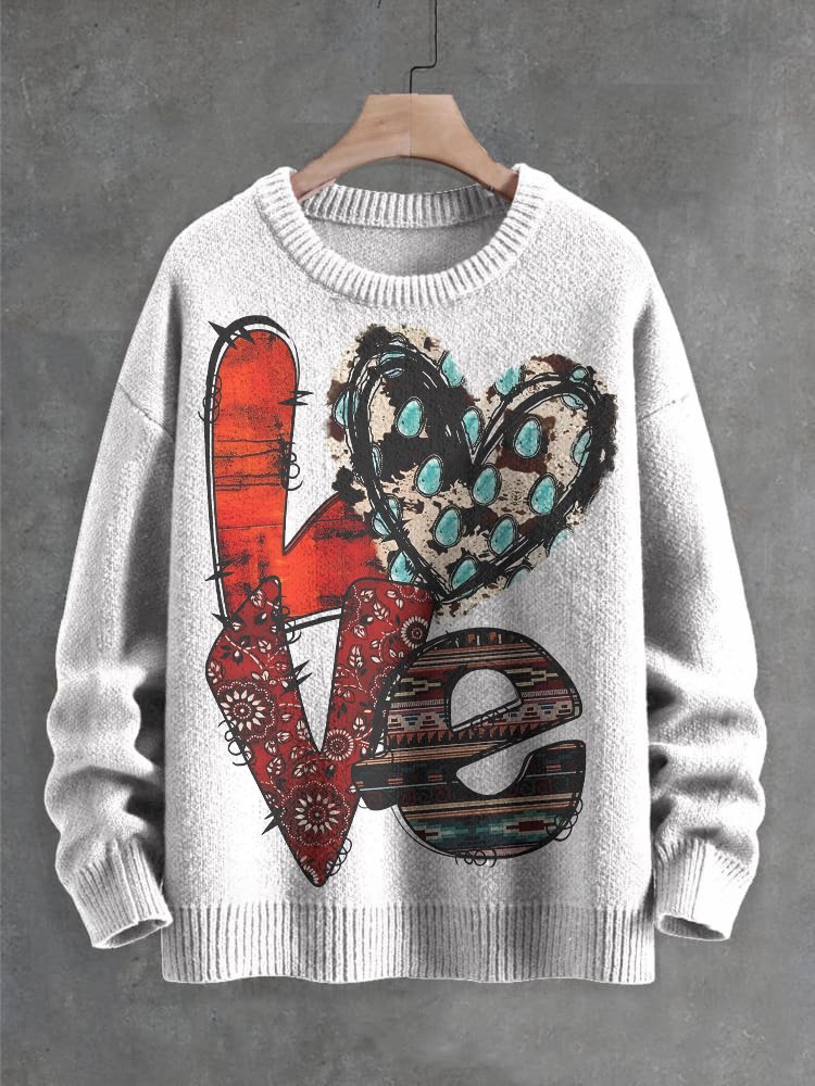 Women's Love Slogan Traditional Pattern Art Print Knit Sweatshirt