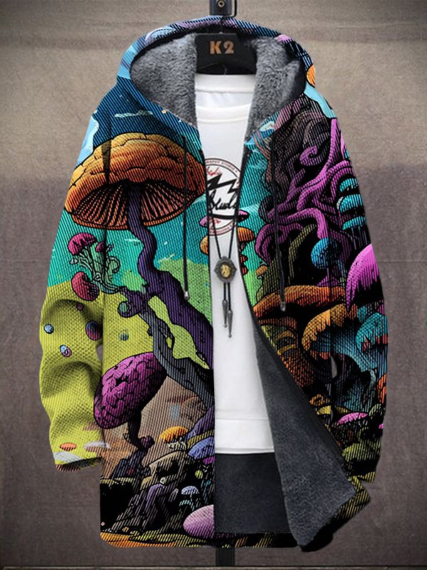 Men's Mystical Trippy Mushroom Hippie Art Print Hooded Trench Coat