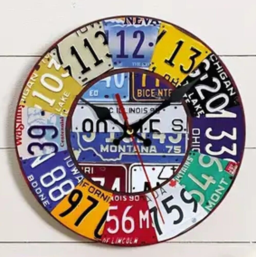 12 Inch Round Vintage License Plate Style Home Wall Decoration Clock NEW!