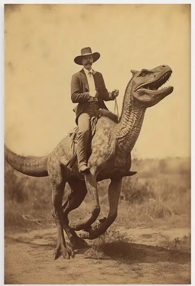Cowboy Riding A Dinosaur Vintage Style Canvas Art Print 15.7" x 23.6" NEW!