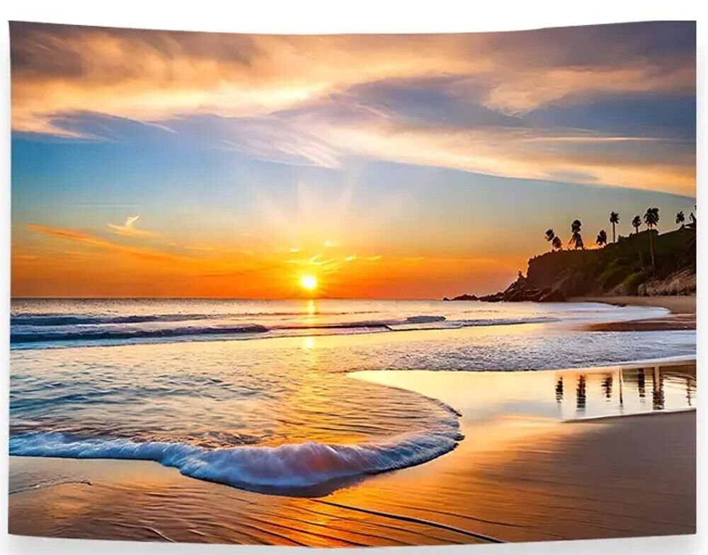 Stunning Vibrant Ocean Sunset Fabric Tapestry 78" x 59" NEW!