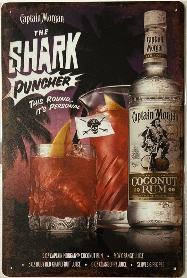 Captain Morgan Coconut Rum Shark Puncher Novelty Metal Sign 12" x 8 ...