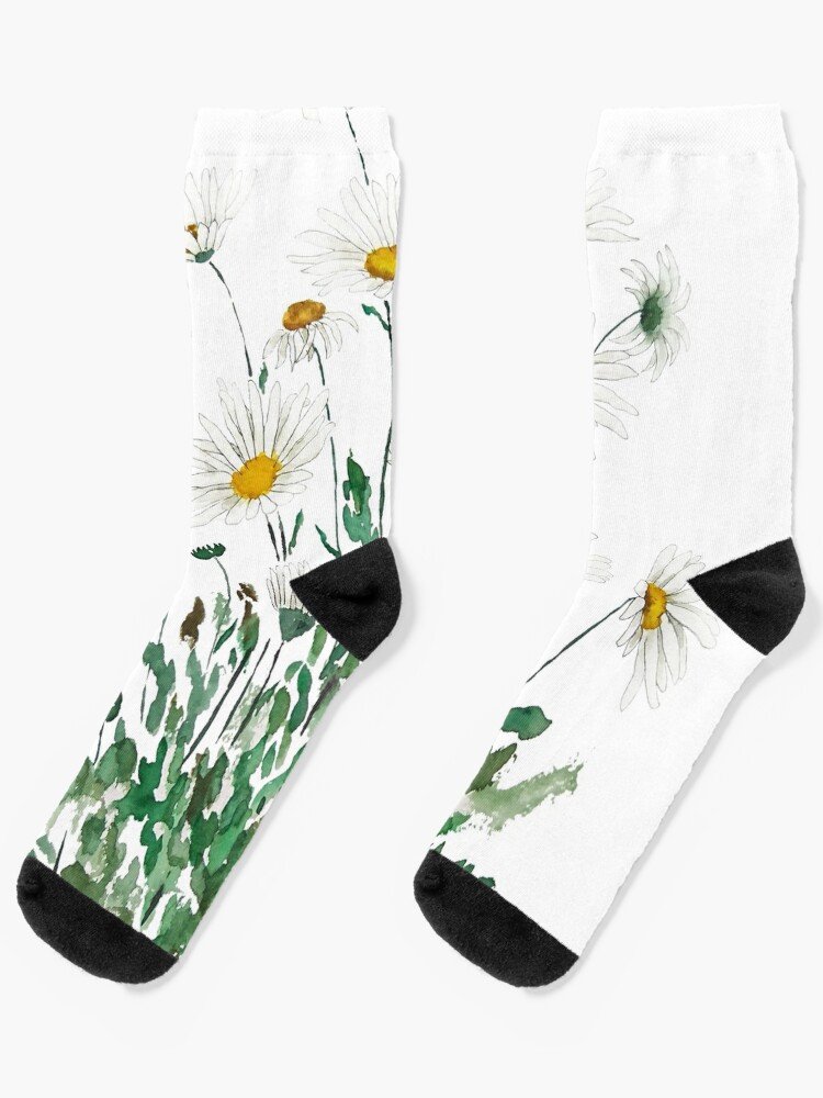 White Margaret Daisy Watercolor Socks
