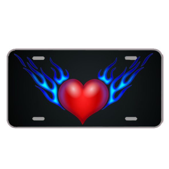 Custom License Plate With Red Heart And Blue Flames