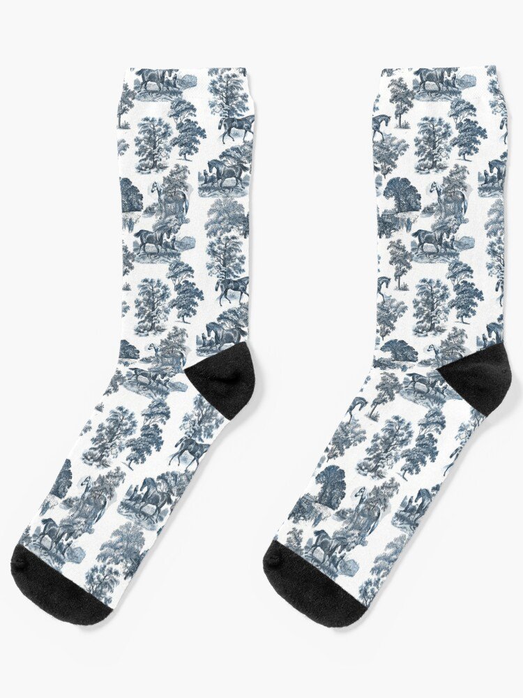 Classic Elegant Blue French Toile Horse Rustic Country Pattern Socks