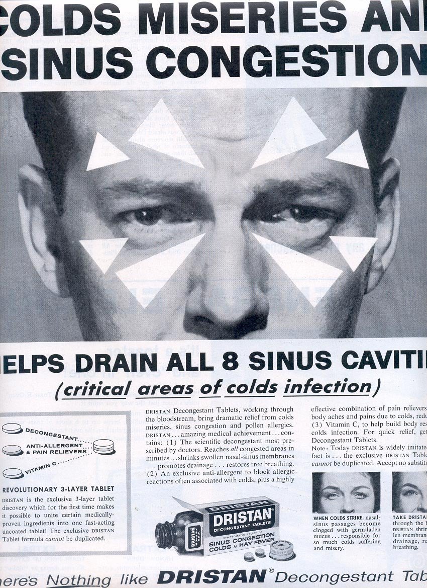 1959 DRISTAN FOR COLDS AND SINUS CONGESTION MAGAZINE AD (298)