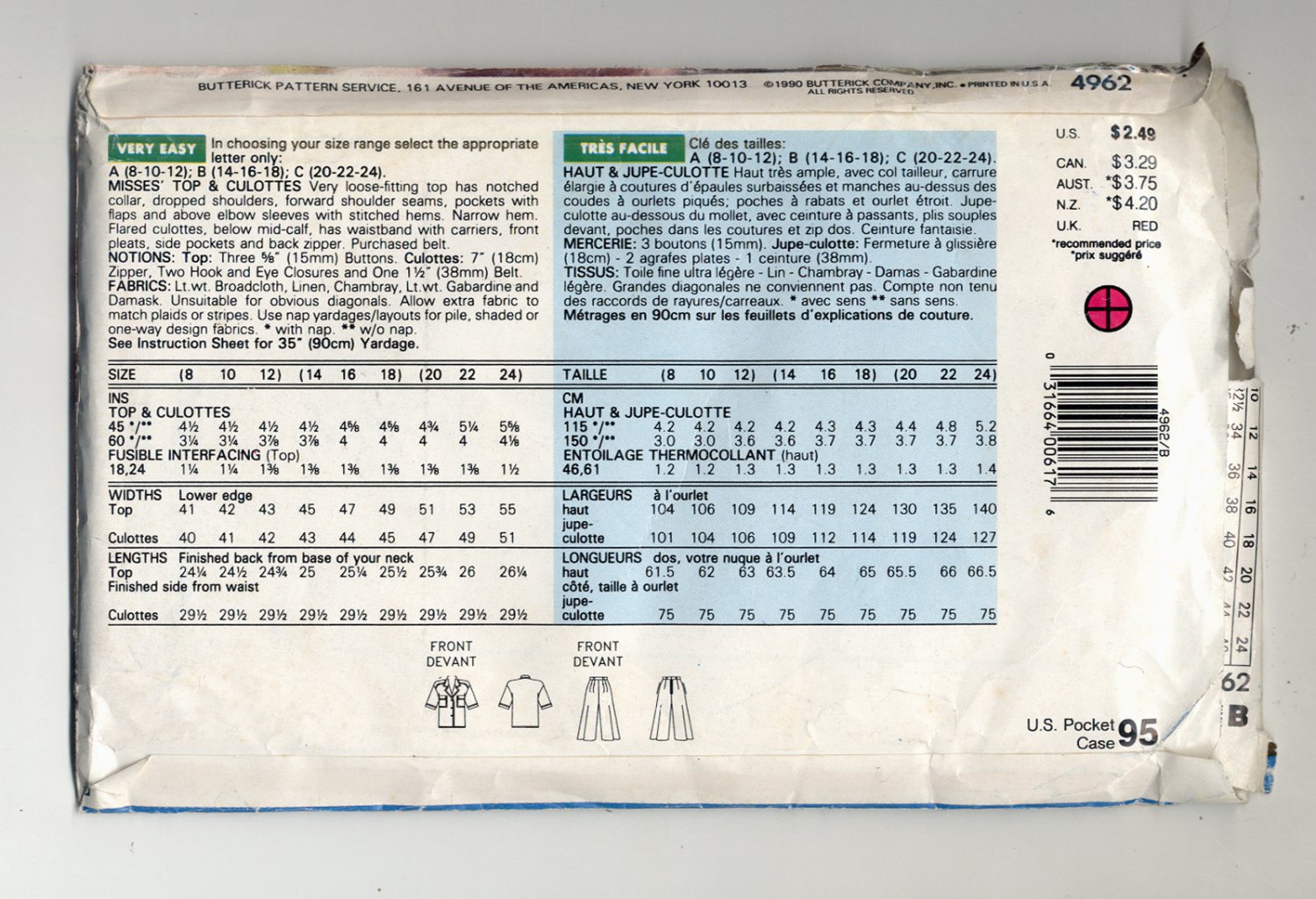 BUTTERICK SEE & SEW PATTERN # 4962 MISSES TOP & CULOTTES SIZE 14-18 CUT ...