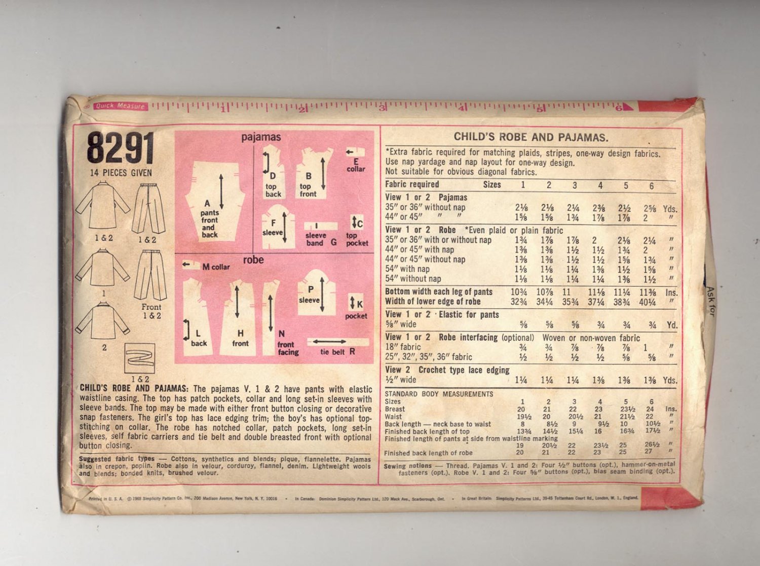 SIMPLICITY PATTERN #8291 CHILD'S ROBE & PAJAMAS SIZE 5 BREAST 23 1_2 ...