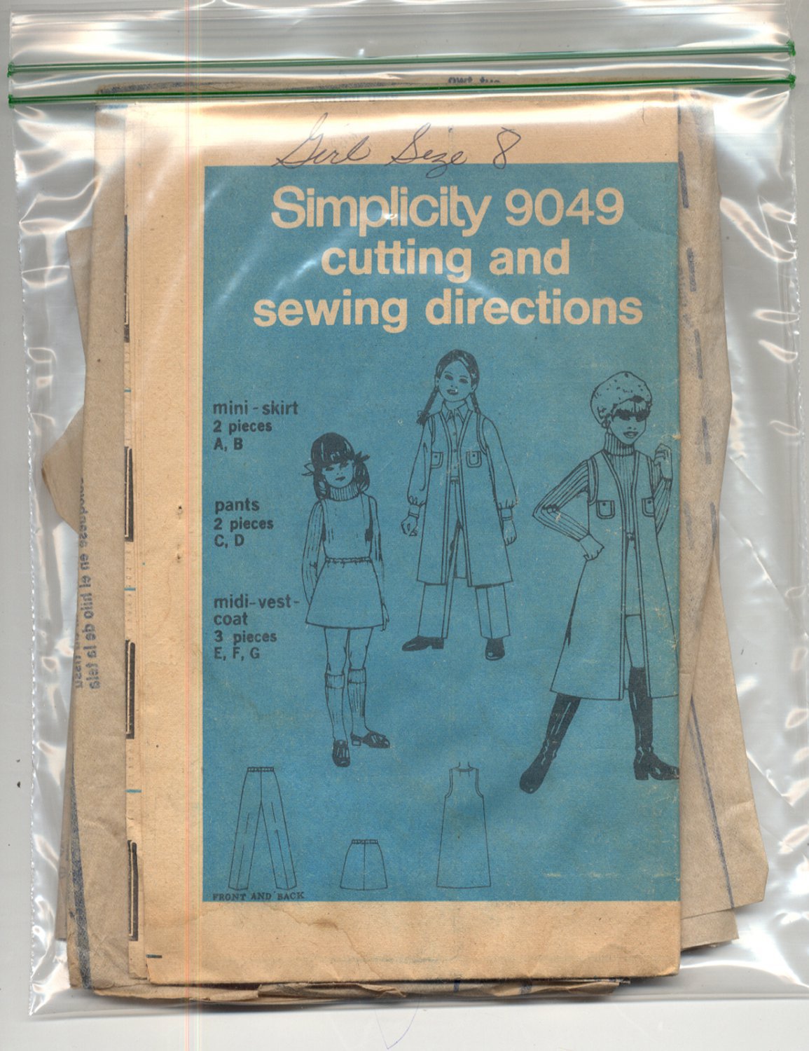 SIMPLICITY PATTERN #9049 GIRLS MINI SKIRT MIDI VEST-COAT & PANTS SIZE 7 ...
