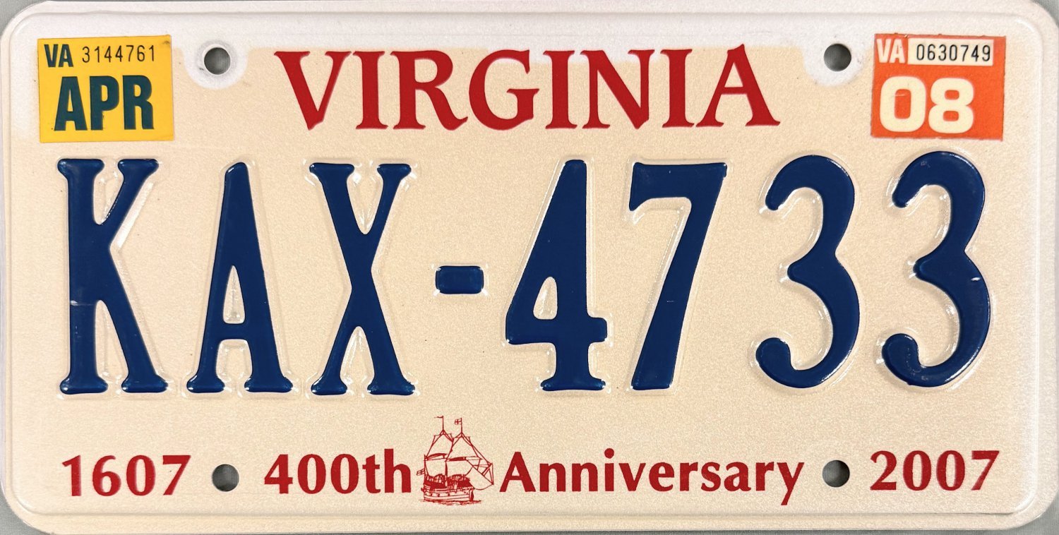 2008 Virginia 400th Anniversary License Plate (KAX-4733)_1