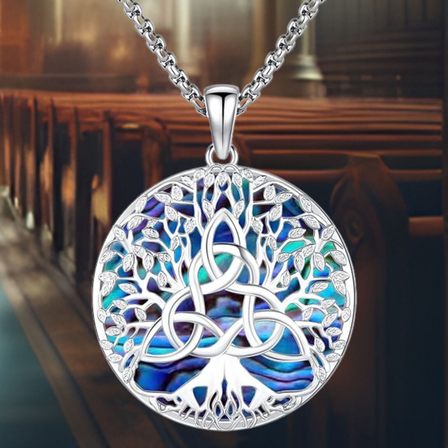 925 Sterling Silver Celtic Tree of Life Pendant with Natural Abalone Shell