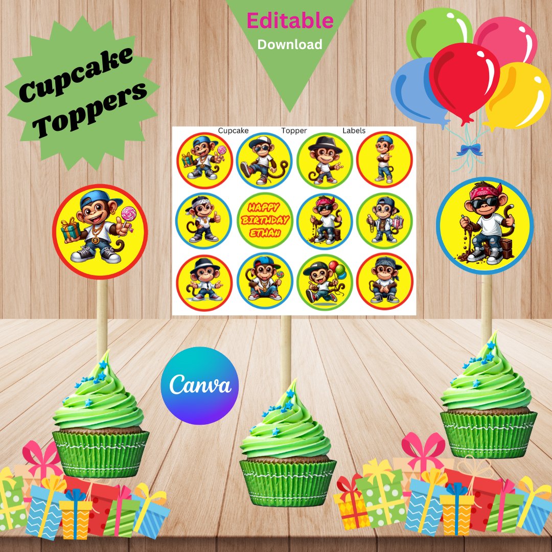 Monkey Themed Birthday Cupcake Toppers, Editable, Instant Download