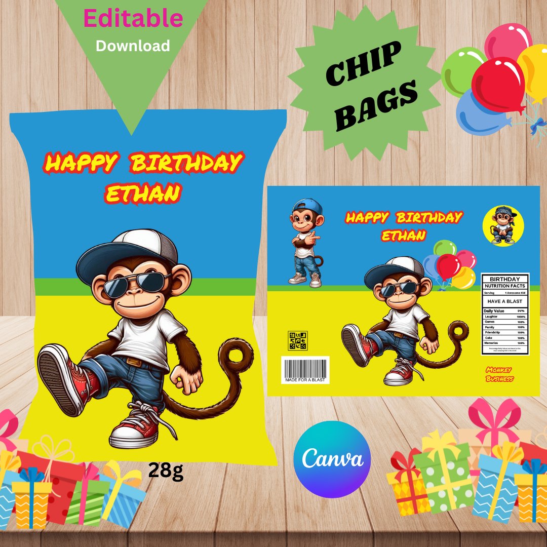 Monkey Themed Birthday Chip Bag Label, Editable, Instant Download